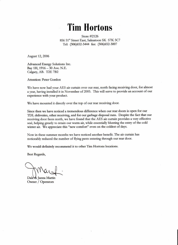 Testimonial: Tim Hortons Saskatoon - Advanced Energy Solutions